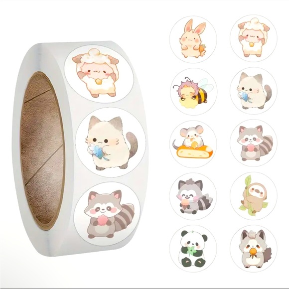 Office | Roll Of 50 Round Cute Animal Stickers Bunny Sheep Kitty Bee ...
